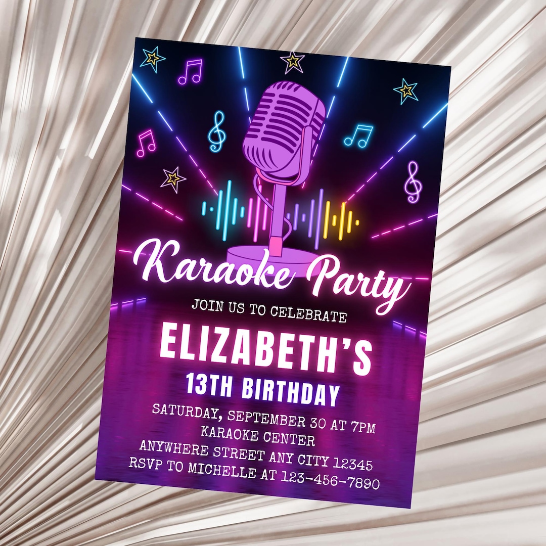 Editable Karaoke Birthday Invite, Music Party Birthday Invitation, Neon ...