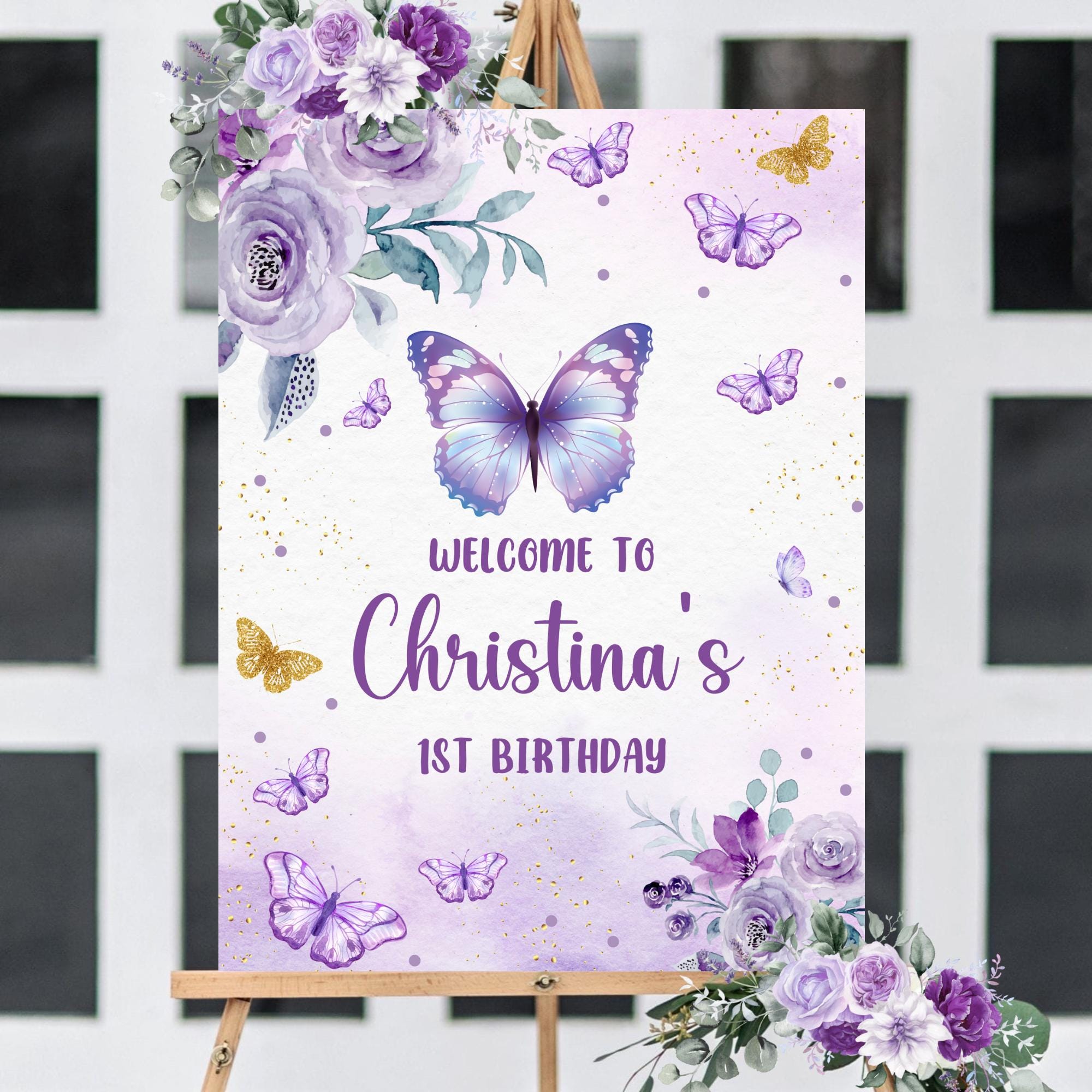 Editable Butterfly Birthday Welcome Sign,purple Butterfly Birthday ...