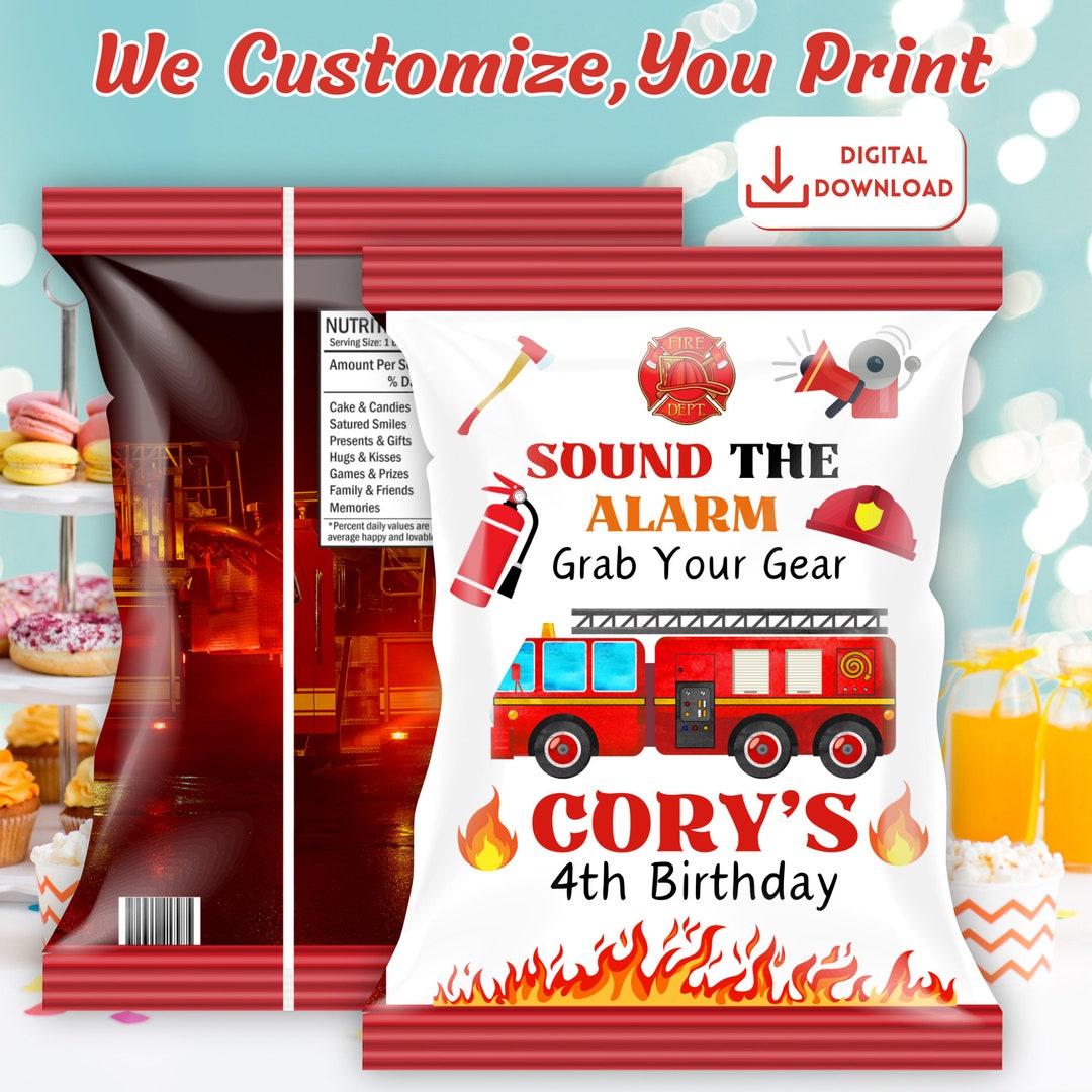Firetruck Birthday Chip Bag Firefighter Birthday Chip Wrap Label Custom ...