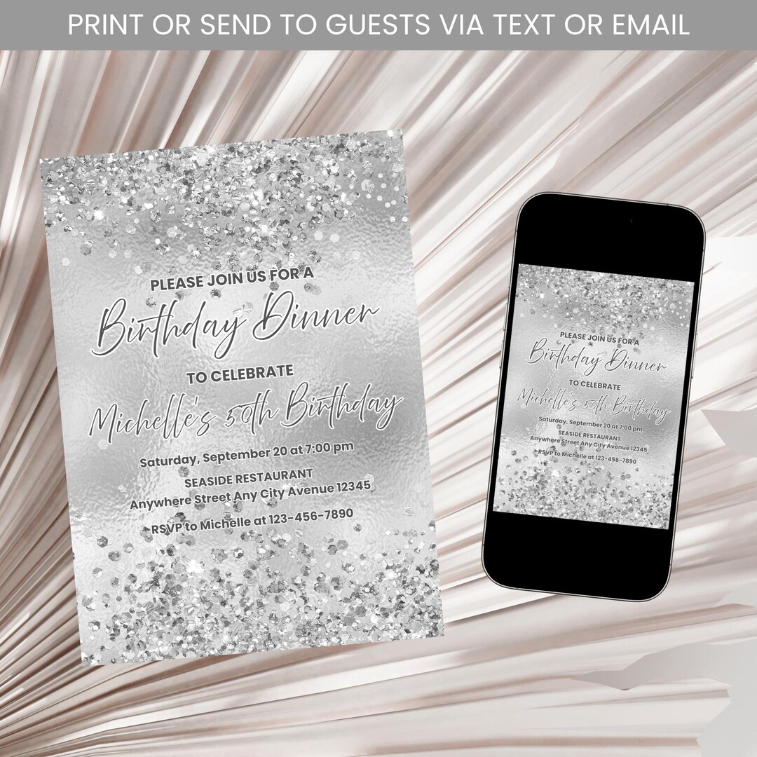 Silver Birthday Invitation, Adult Birthday Dinner Invitation, Silver ...