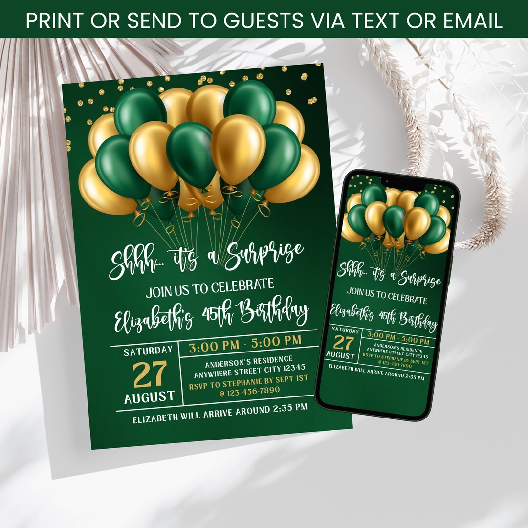 Surprise Birthday Invitation, Green Invitation, Adult Birthday Dinner ...