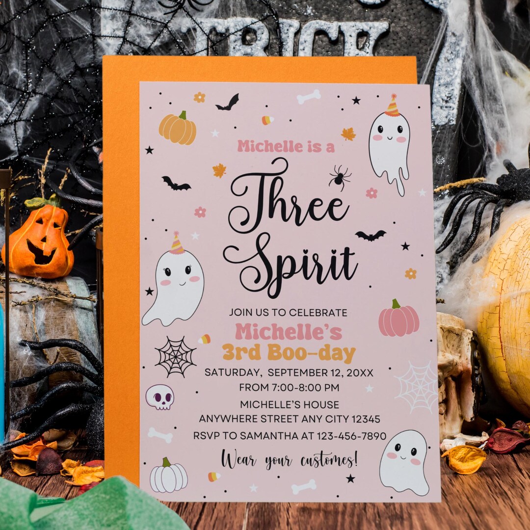 Editable Three Spirit Ghost Birthday Invitation Halloween Third ...