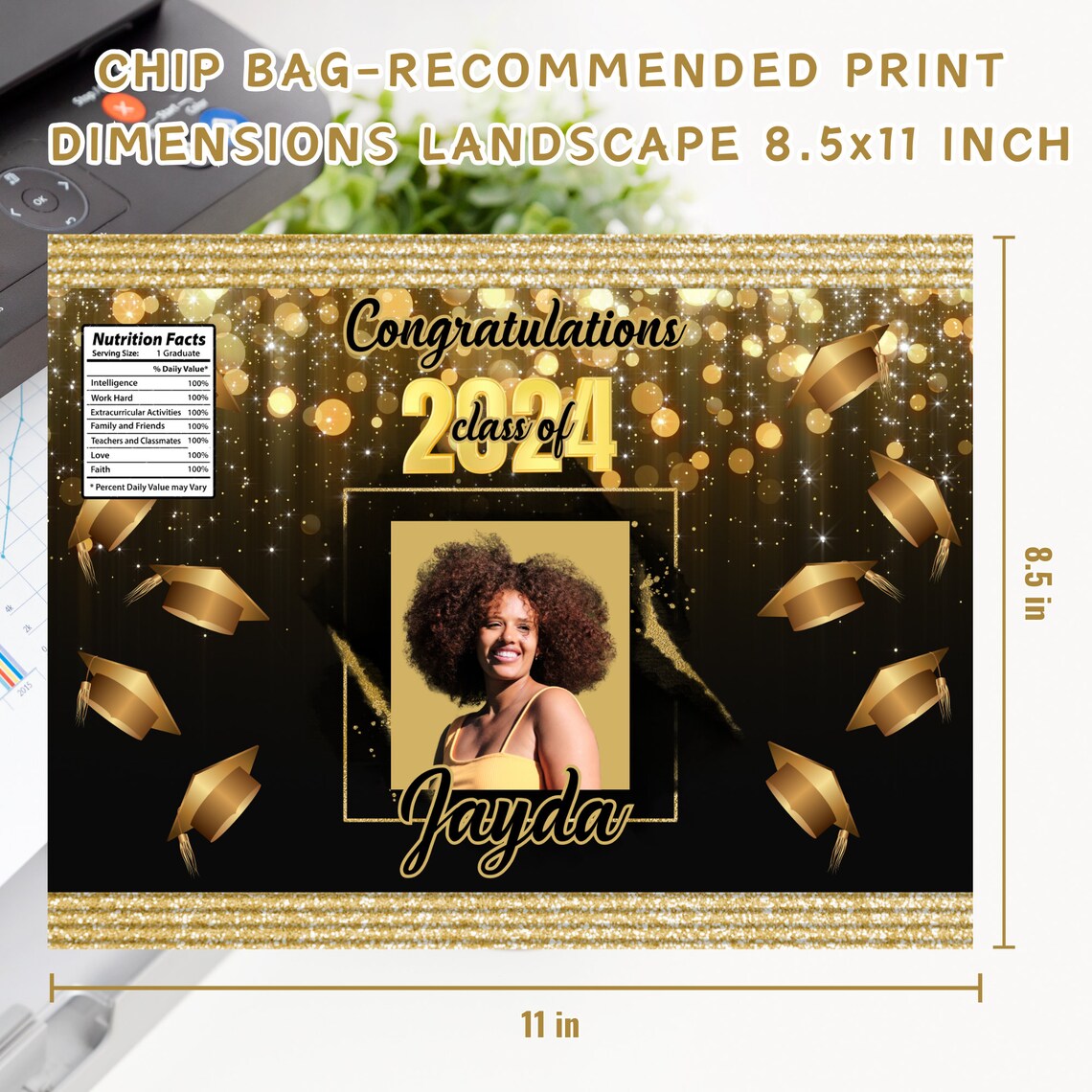 Graduation Chip Bag Template for Graduand Black and Gold Graduation ...