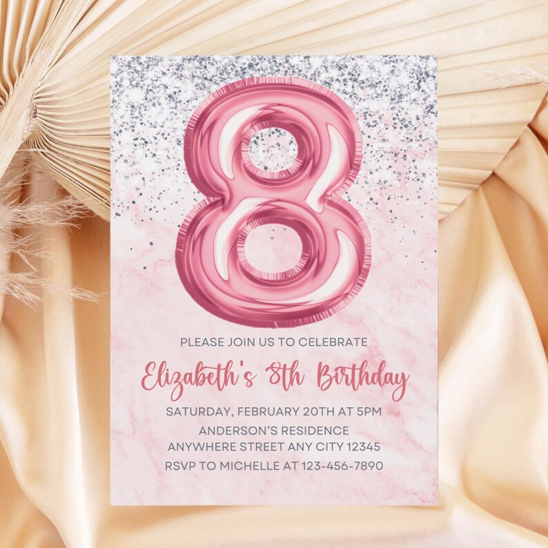 Pink 8th Birthday Invitation, Girl Glitter Birthday Invite, Girl 8th ...