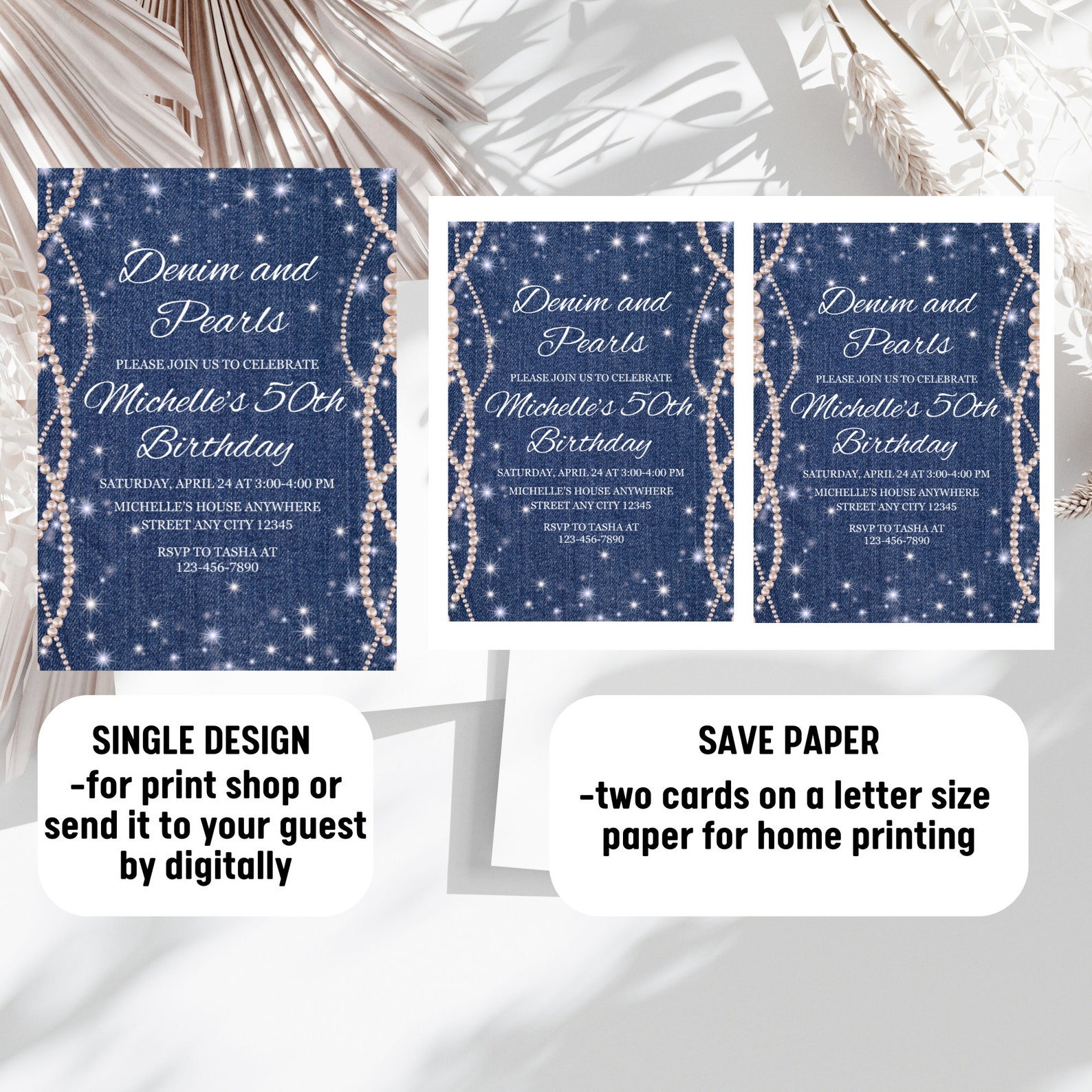 Denim and Pearls Birthday Invitation Template Editable Denim Birthday ...