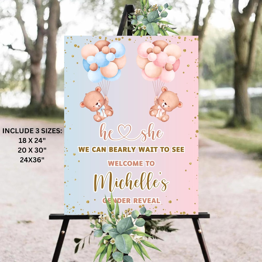 Editable Bear Gender Reveal Welcome Sign, Pink Blue Teddy Bear Welcome ...