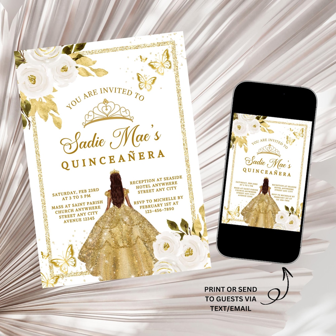 White and Gold Quinceañera Invitation, Mis Quince Anos Invite, Girl ...