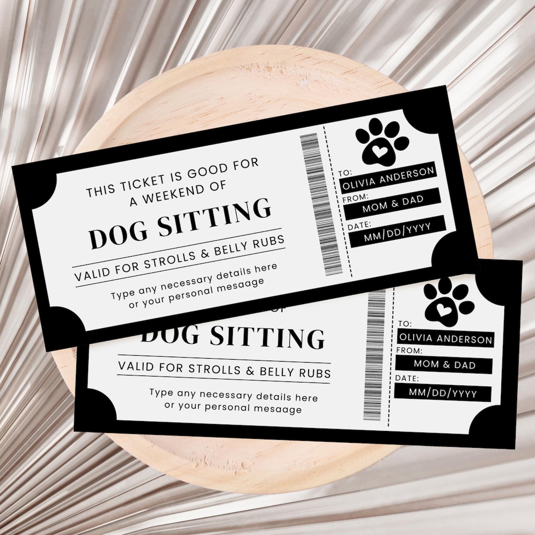 Dog Sitting Ticket Gift Voucher, Dog Sitting Gift Certificate, Birthday ...
