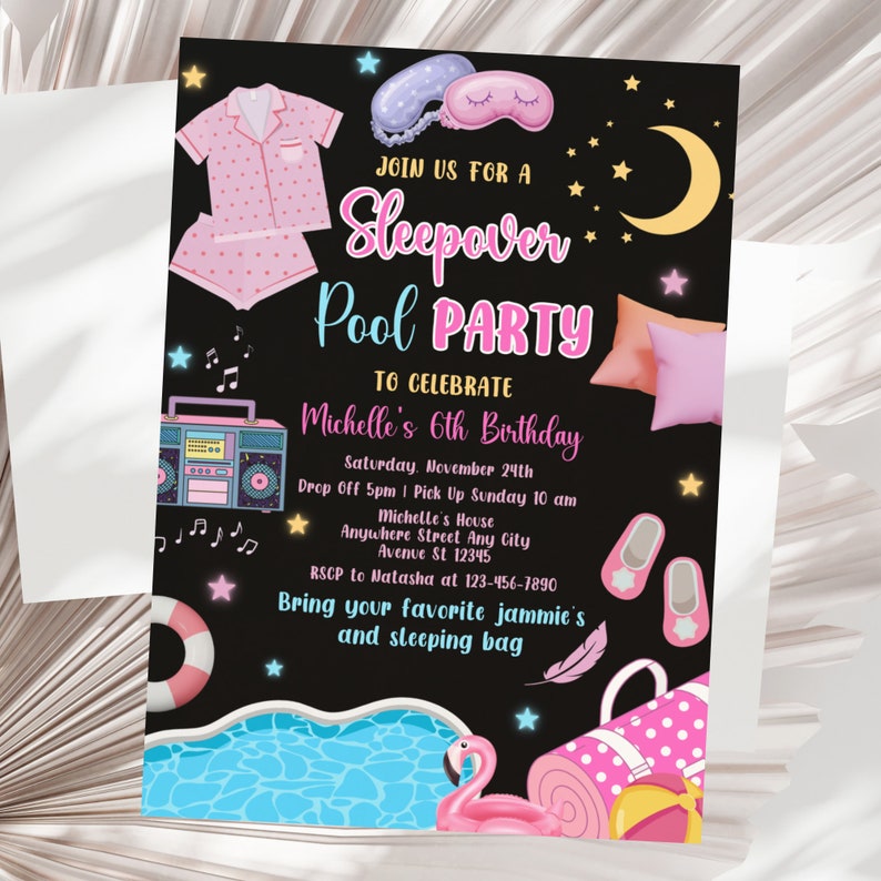 Editable Slumber Pool Party Birthday Invitation Girls Pajama Party ...