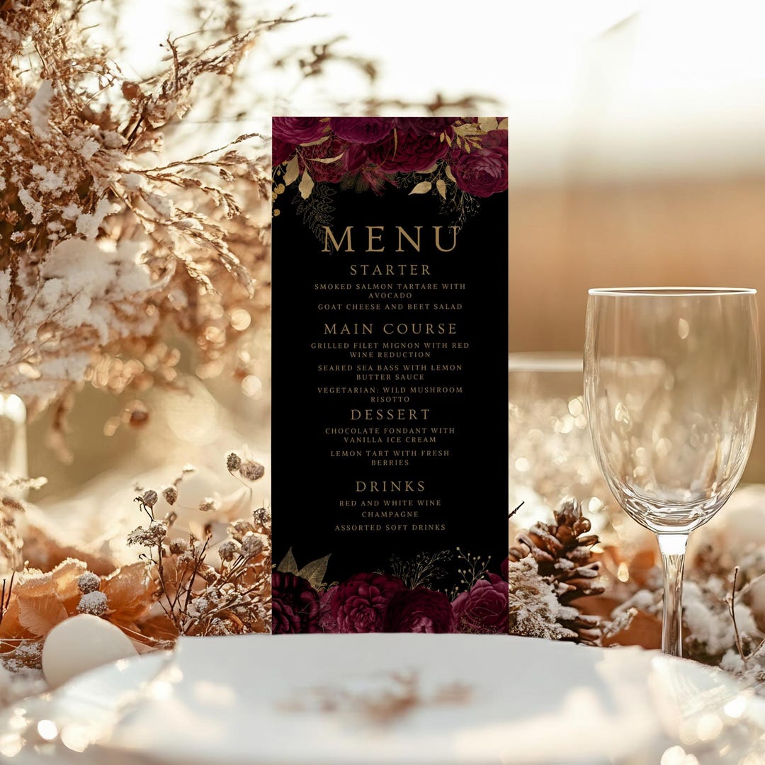 Burgundy Floral Menu Card, Table Menu, Birthday Menu Card, Wedding Menu ...
