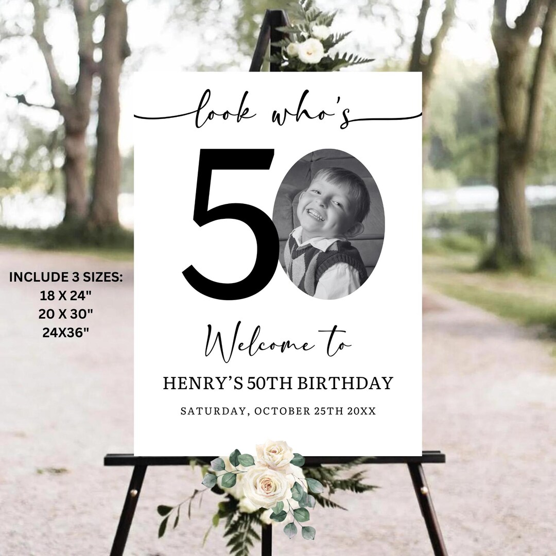 Editable 50th Birthday Welcome Sign, Look Who's 50 Photo Welcome Sign ...