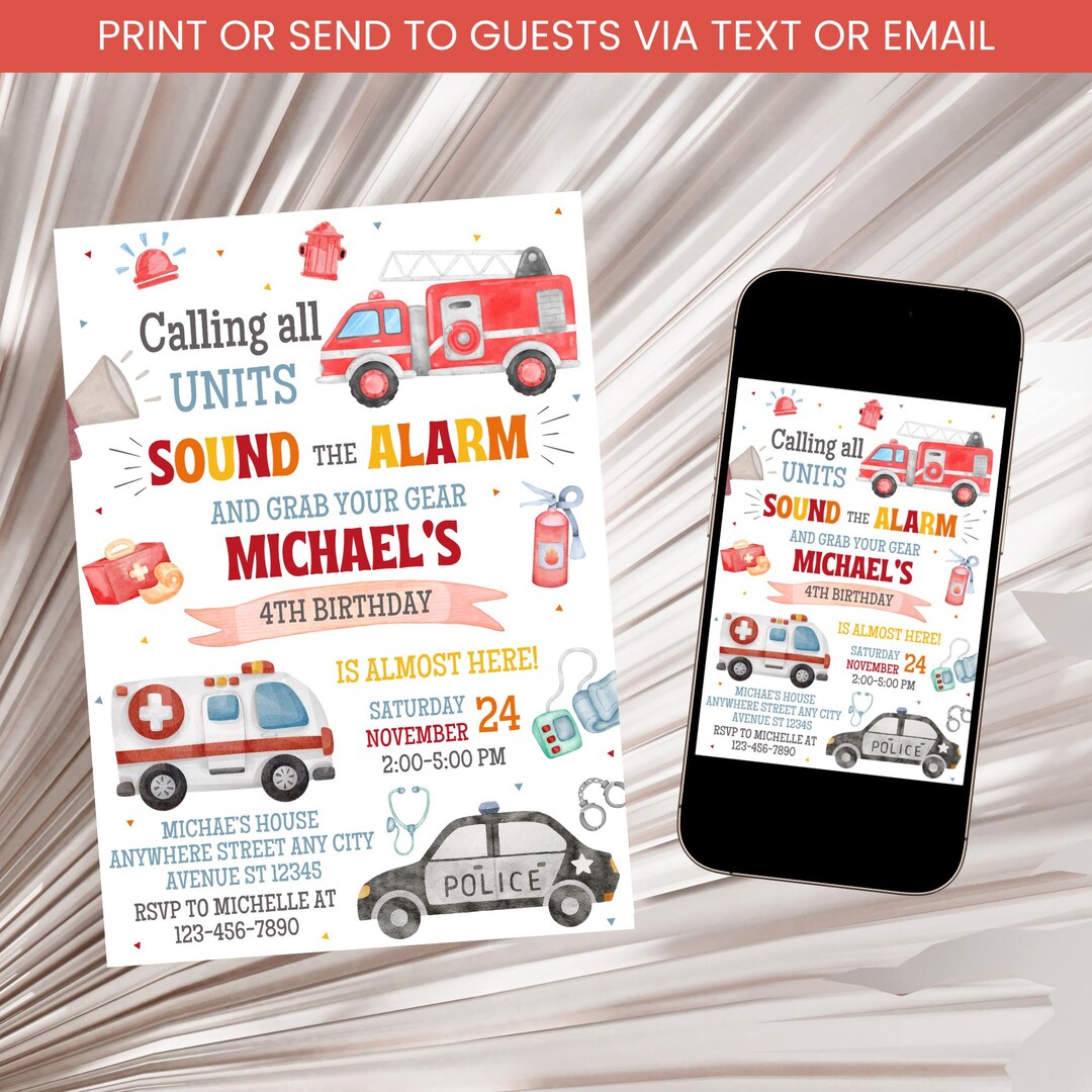 Emergency Vehicle Birthday Invitation, Police Car Invitation, Firetruck ...