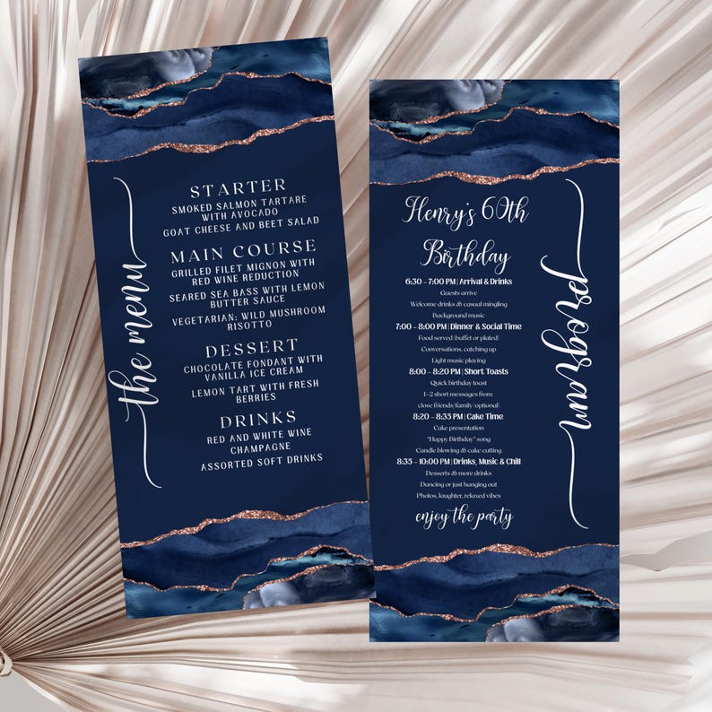 Navy Blue Program and Food Menu Card, Table Card, Birthday Program ...