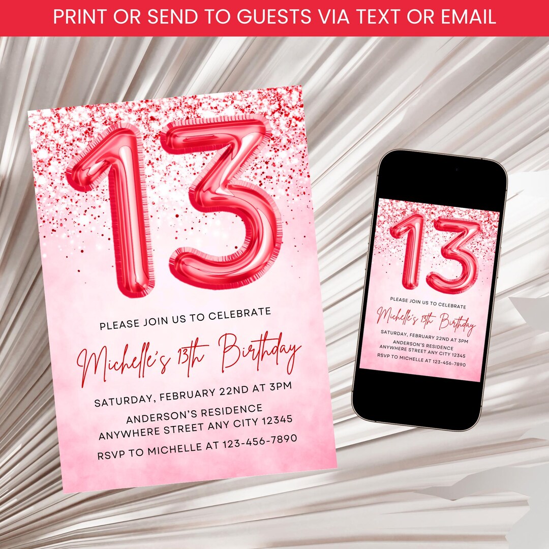Red 13th Birthday Invitation, Girl Glitter Birthday Invite, Girl 13th ...