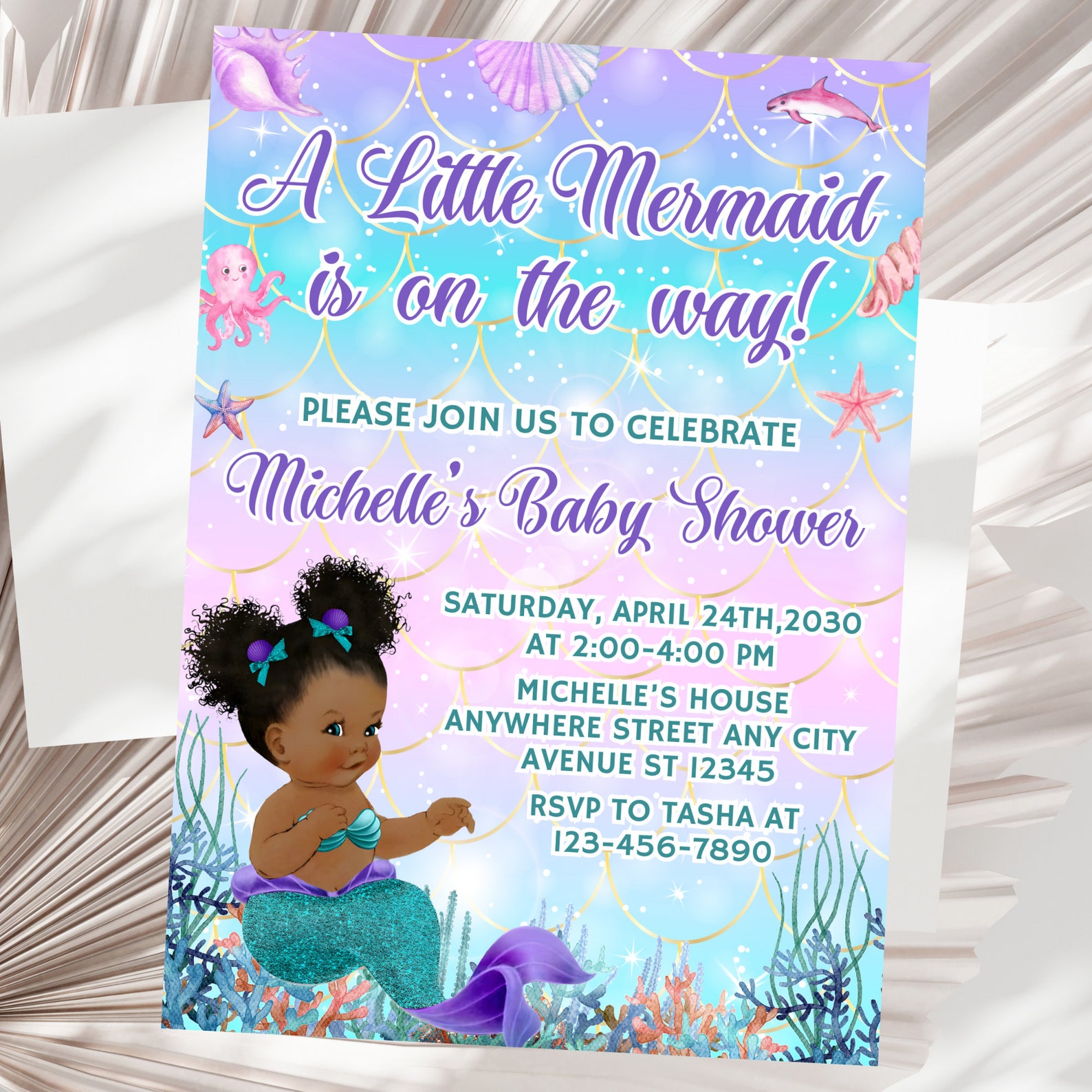 Editable Mermaid Baby Shower Invitation Afro Mermaid Baby Shower ...