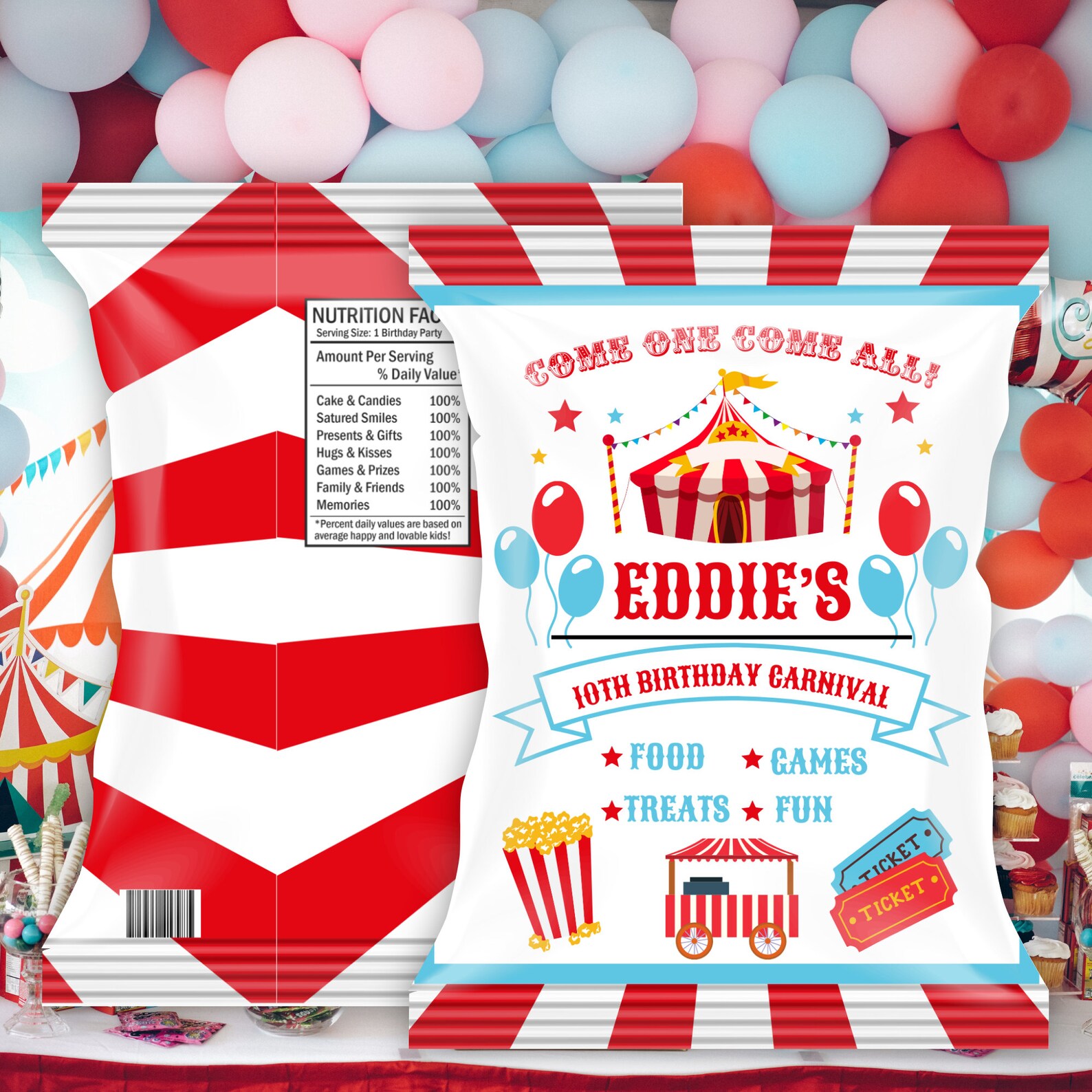Editable Carnival Birthday Chip Bag,circus Birthday Favor,chip Wrap for ...