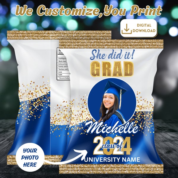 Graduation Chip Bag Template for Graduand Navy Blue and Gold Graduation ...