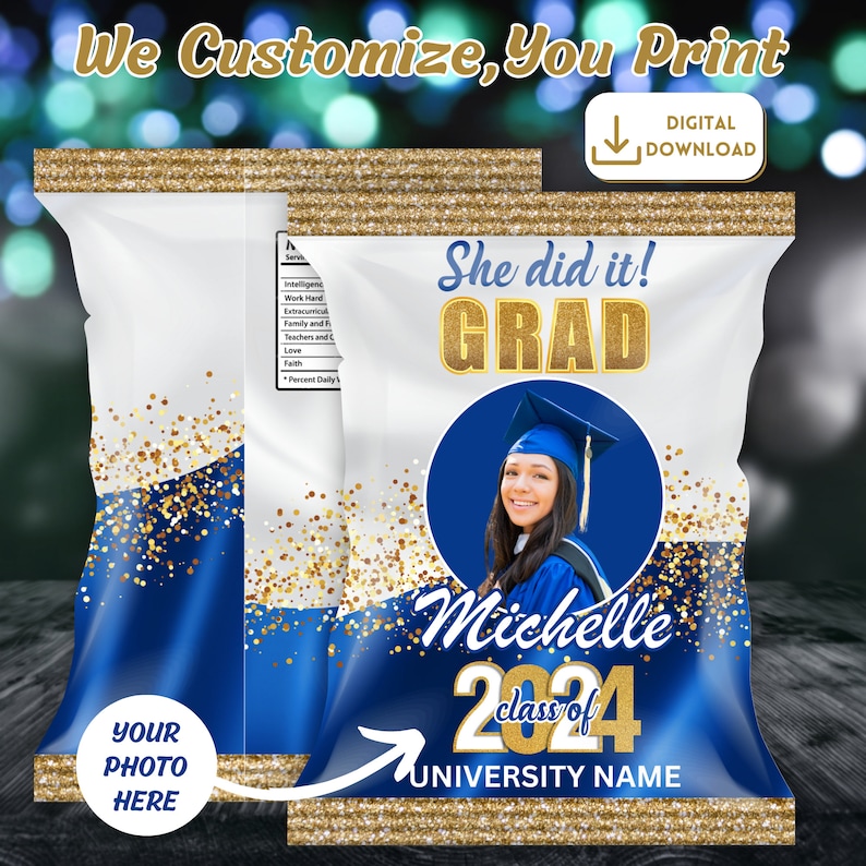 Graduation Chip Bag Template for Graduand Blue and Gold Graduation Chip ...