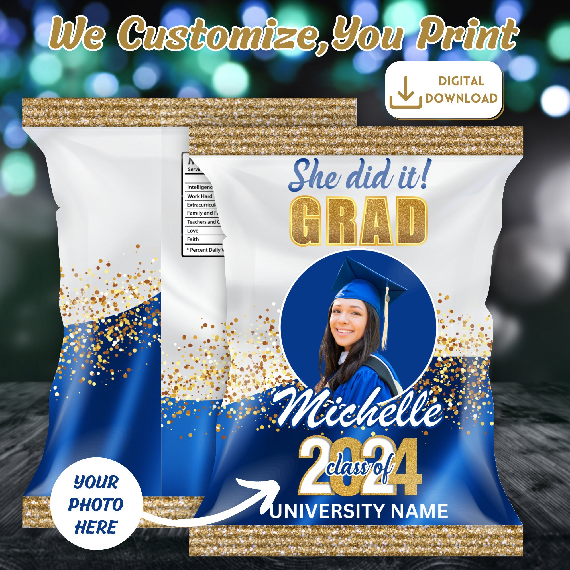 Graduation Chip Bag Template for Graduand Blue and Gold Graduation Chip ...