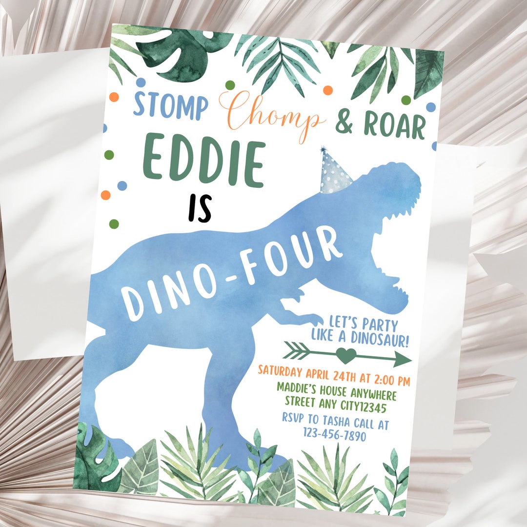 Dino-four Dinosaur Birthday Invitation for Boy Dino T-rex Invitation ...