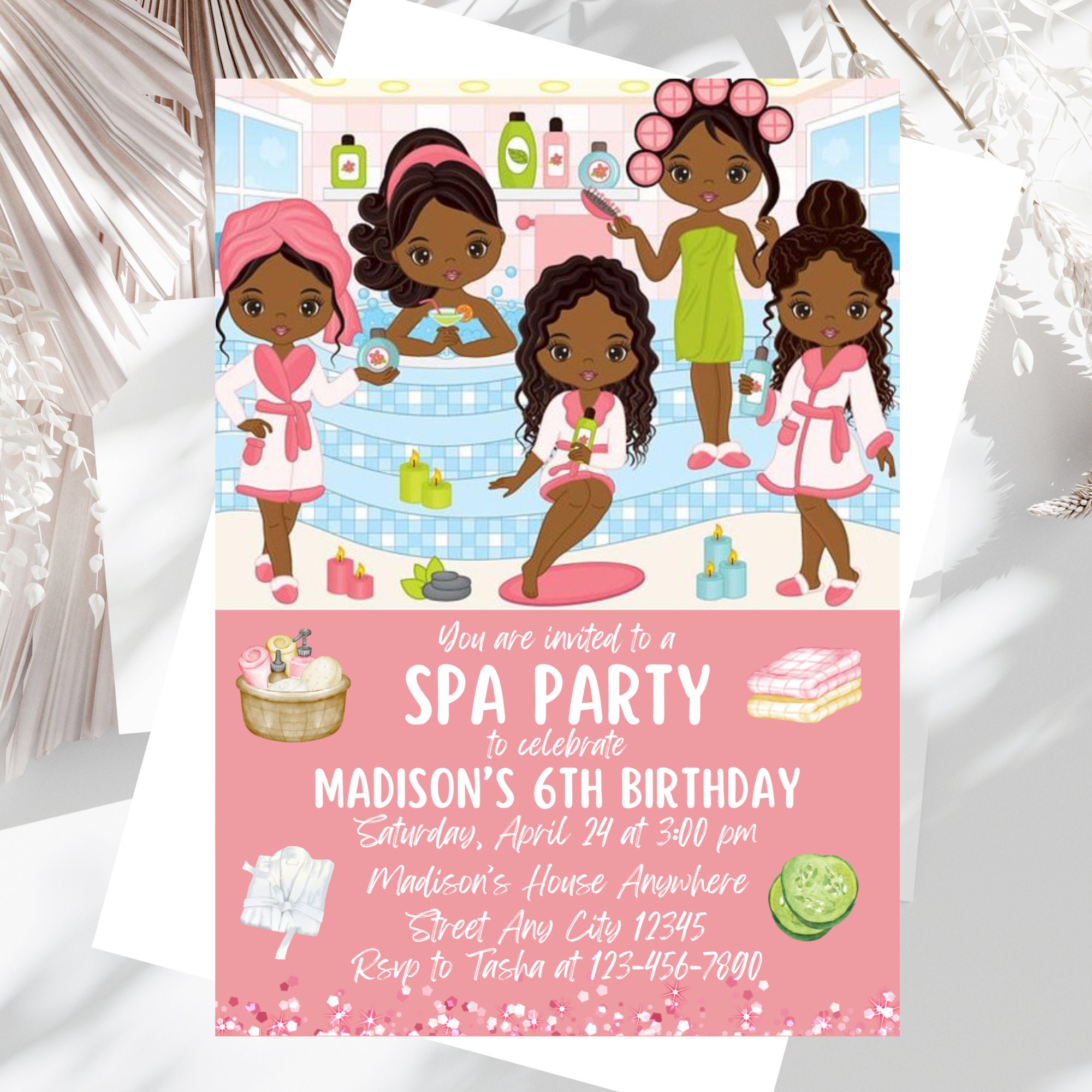Spa Party Invitation for Birthday, African American Spa Party ...