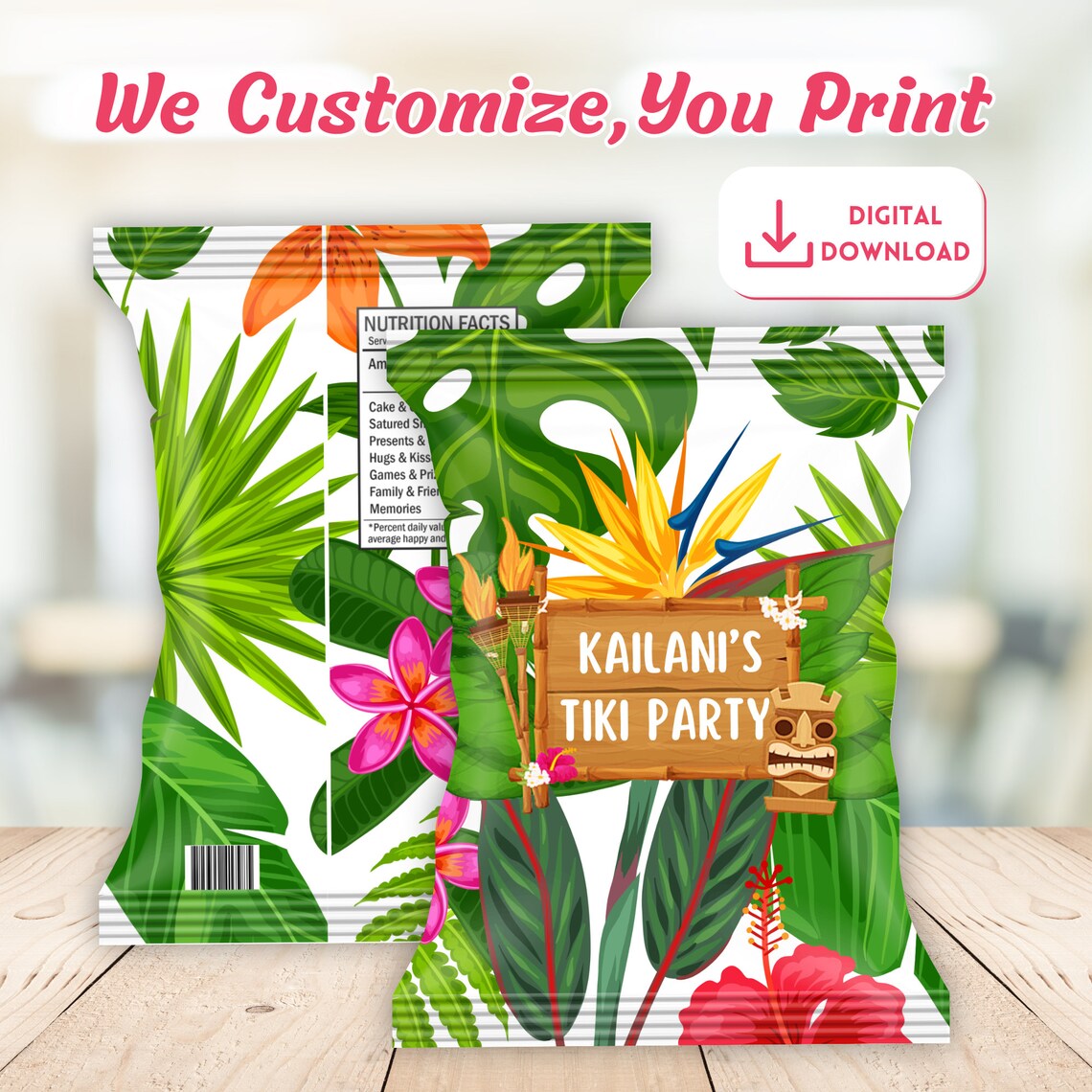 Hawaiian Luau Chip Bag Label, Tiki Theme Chip Bag Printable, Tiki ...