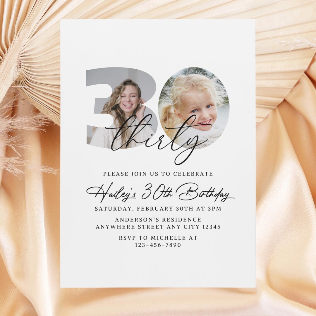 30th Birthday Invitation With Photo, Modern 30th Birthday Party Invite ...