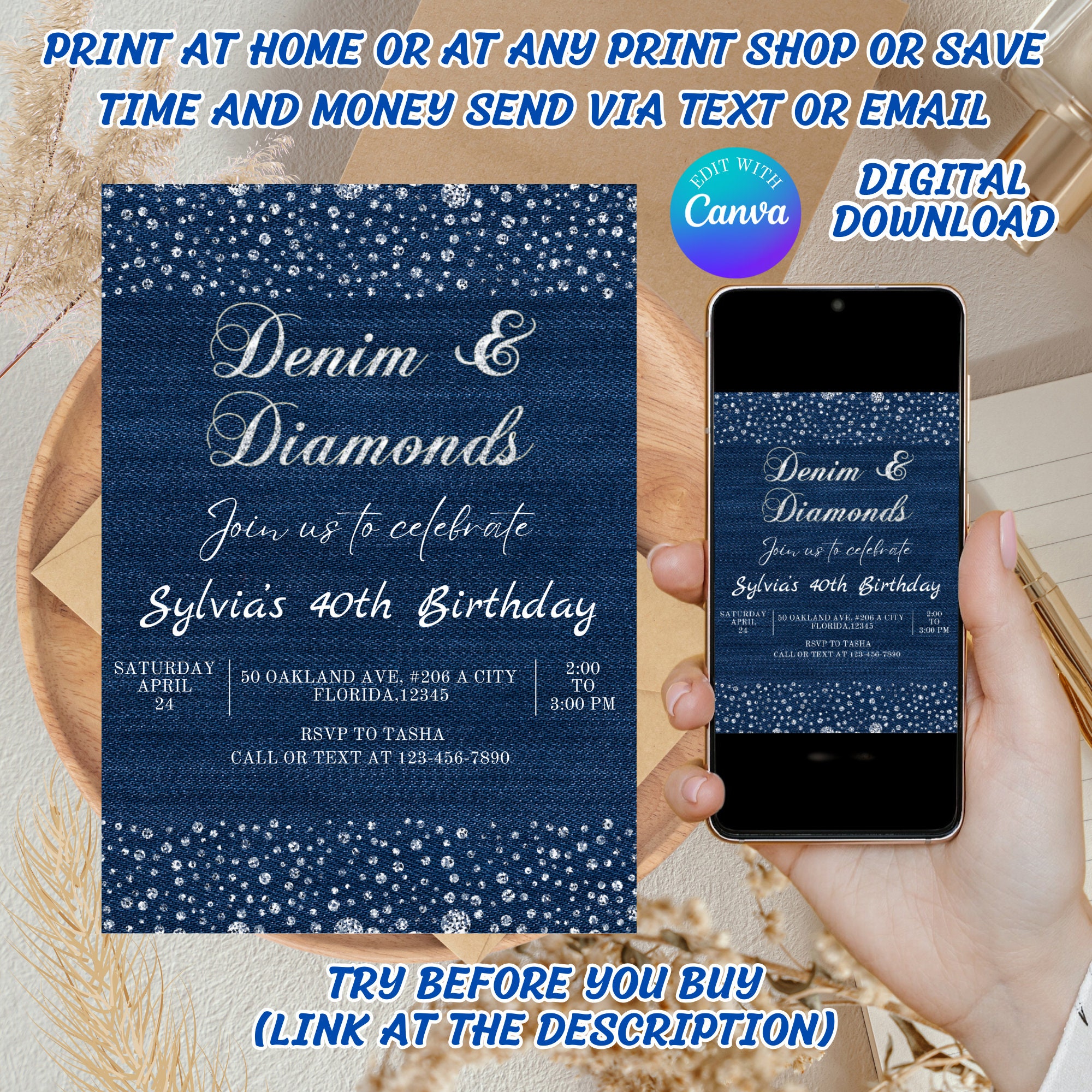 Denim and Diamonds Invitation for Adult Denim Invitation Denim and ...