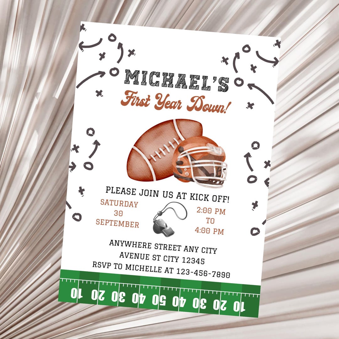 Editable First Year Down Football Birthday Invitation, Football 1st ...