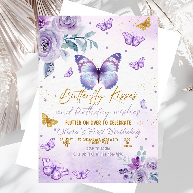 Editable Purple Butterfly Birthday Invitation,girl 1st Birthday Invite ...