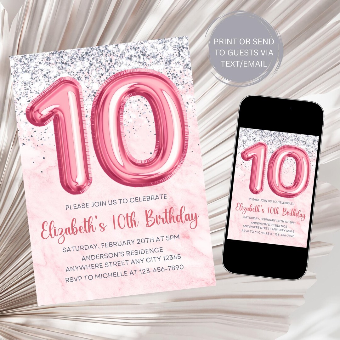 Pink 10th Birthday Invitation, Girl Glitter Birthday Invite, Girl 10th ...