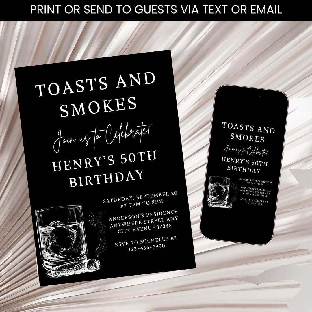 Toasts and Smokes Birthday Invitation, Adult Birthday Invitation ...