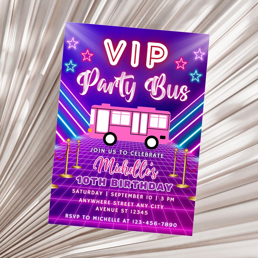 Editable VIP Party Bus Birthday Invitation, Girl Party Bus Invitation ...