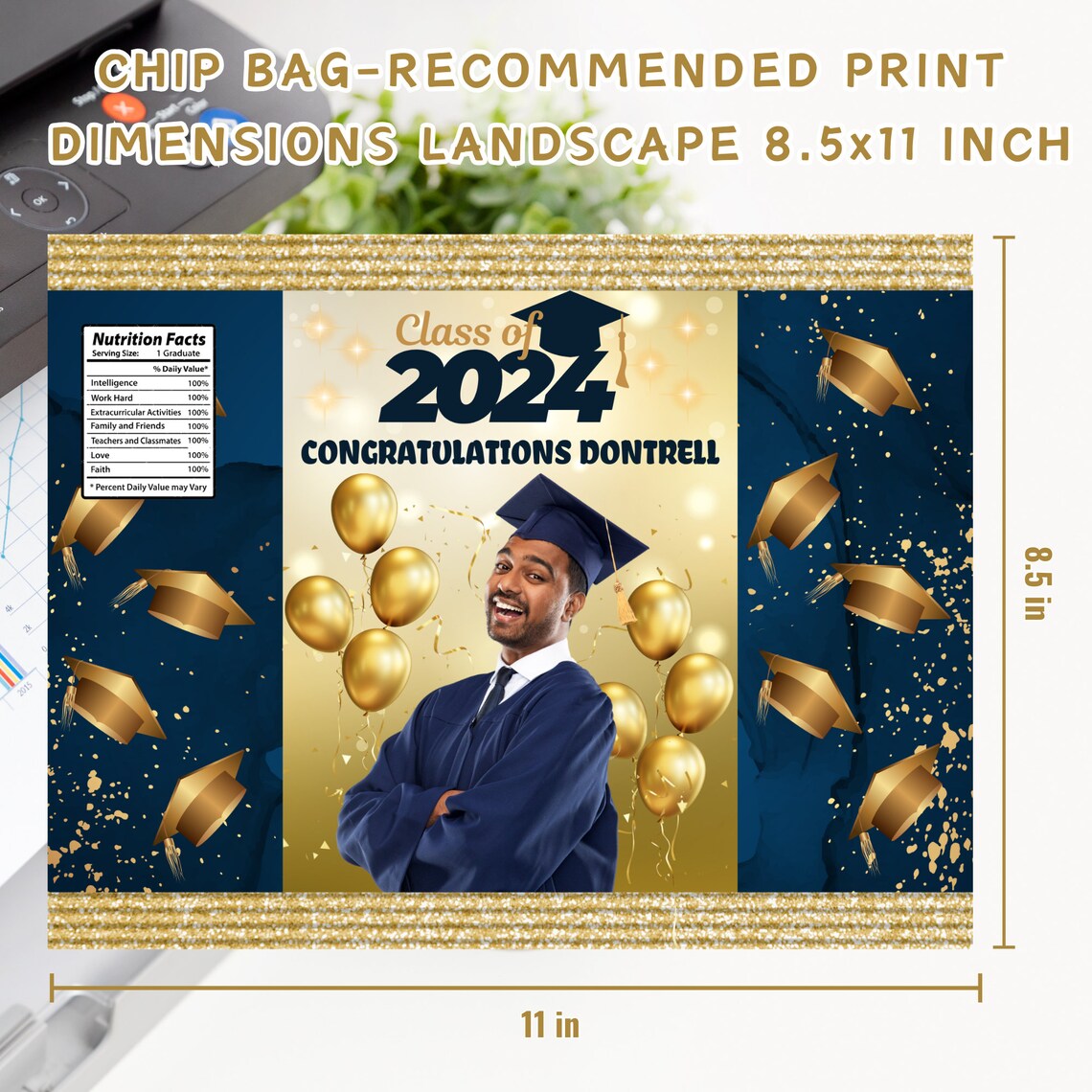 Graduation Chip Bag Template for Graduand Navy Blue and Gold Graduation ...