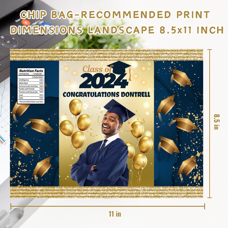 Graduation Chip Bag Template for Graduand Navy Blue and Gold Graduation ...