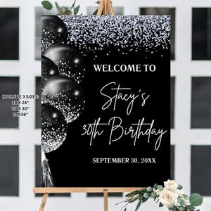Black and Silver Birthday Welcome Sign, Adult Birthday Dinner Welcome ...
