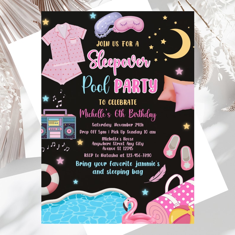 Slumber Pool Party Birthday Invitation, Girls Pajama Party, Sleep Over ...