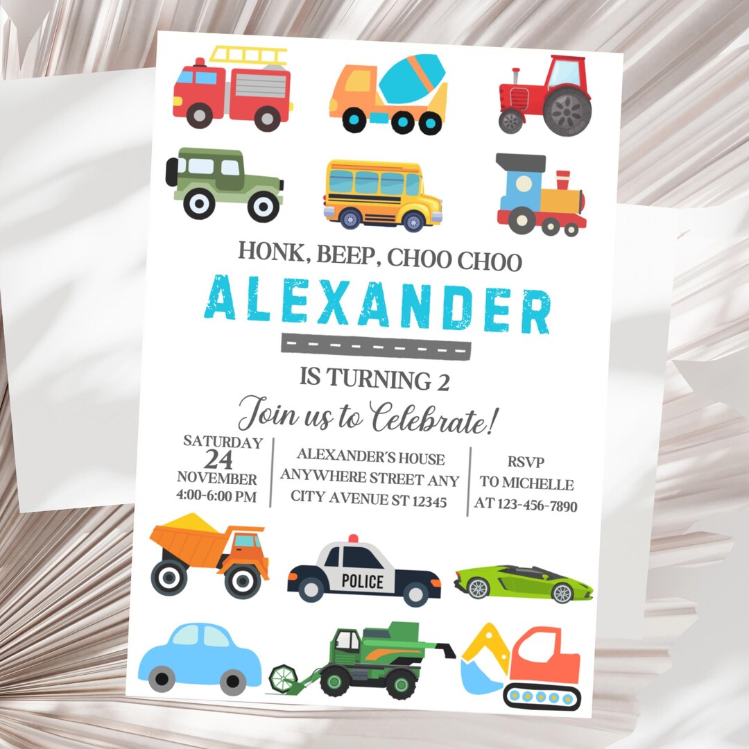 Editable Transportation Vehicle Birthday Invitation,train Truck ...