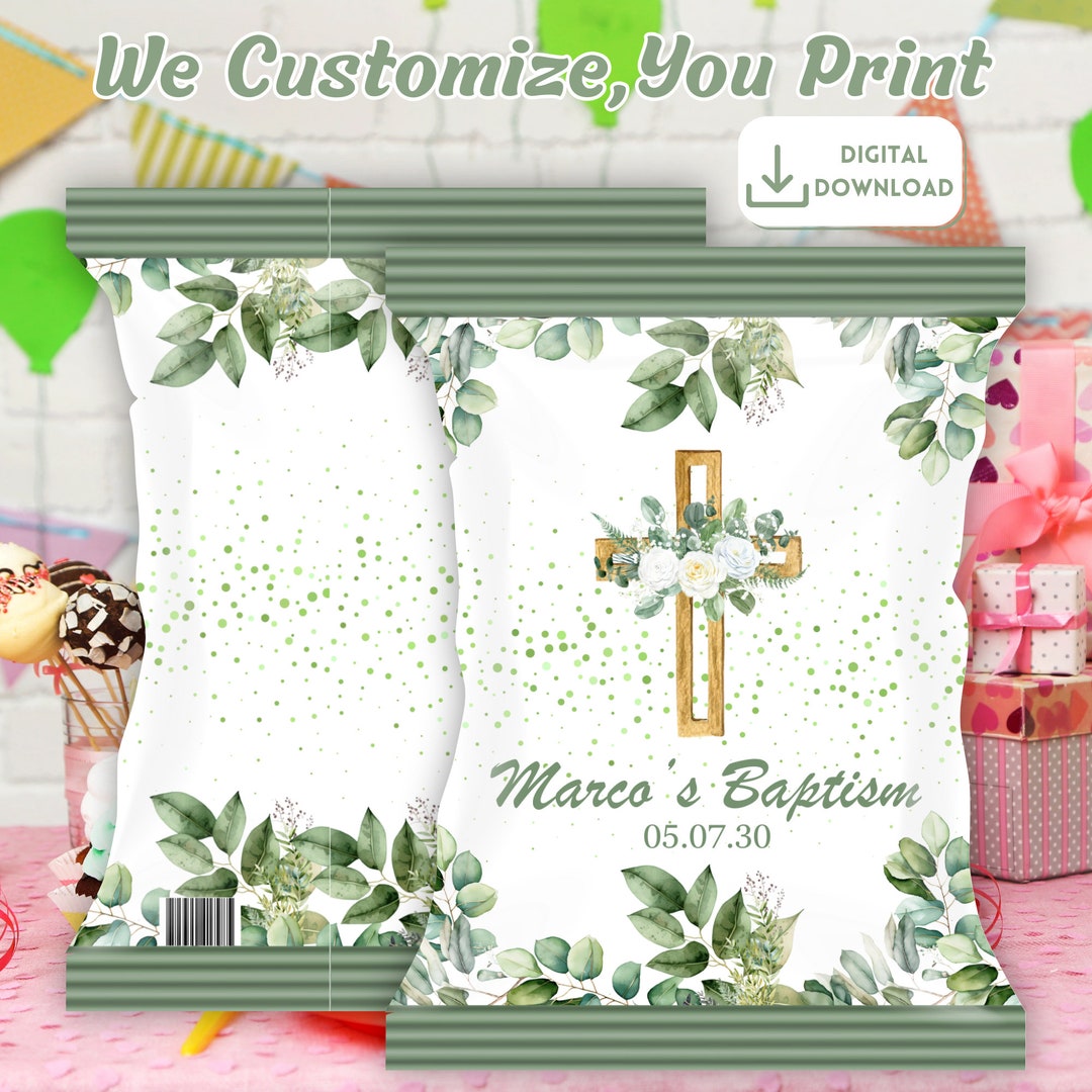Baptism Chip Bag for Boy,christening Chip Wrap, Greenery Custom Baptism ...