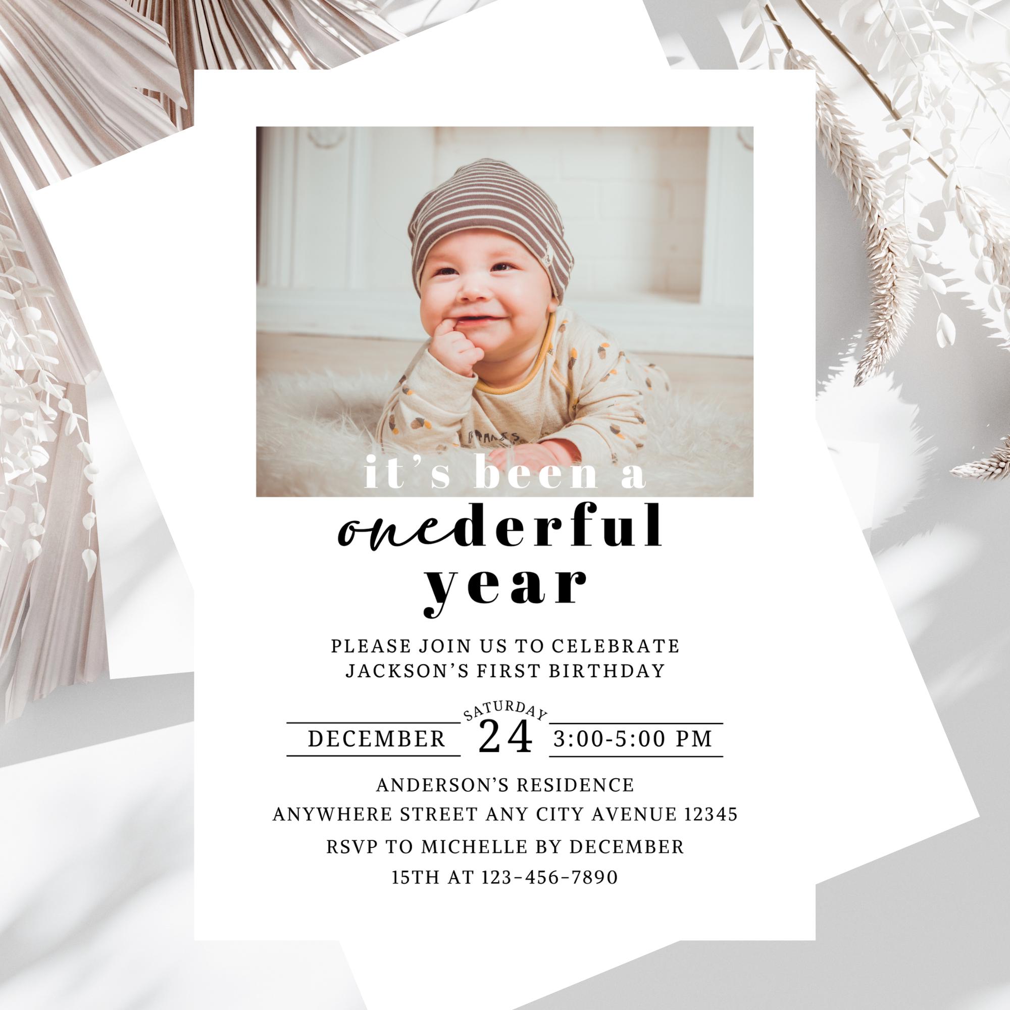 1st Birthday Invitation With Photo, Modern 1st Birthday Party Invite ...