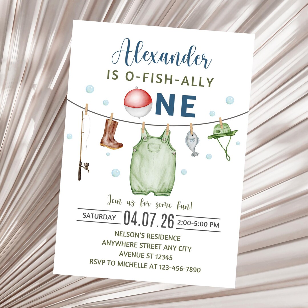 Fishing First Birthday Invitation, O-fish-ally One Boy 1st Birthday ...