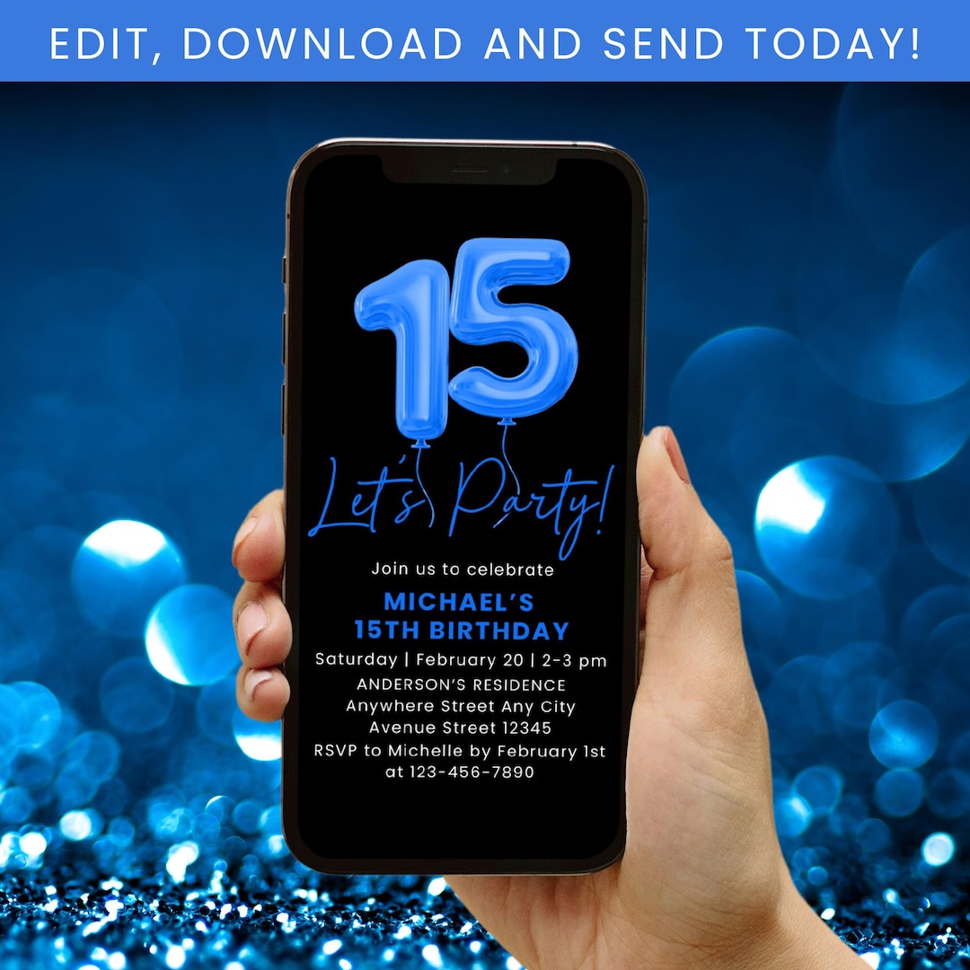 15th Birthday Digital Invitation, Blue and Black 15th Birthday Evite ...