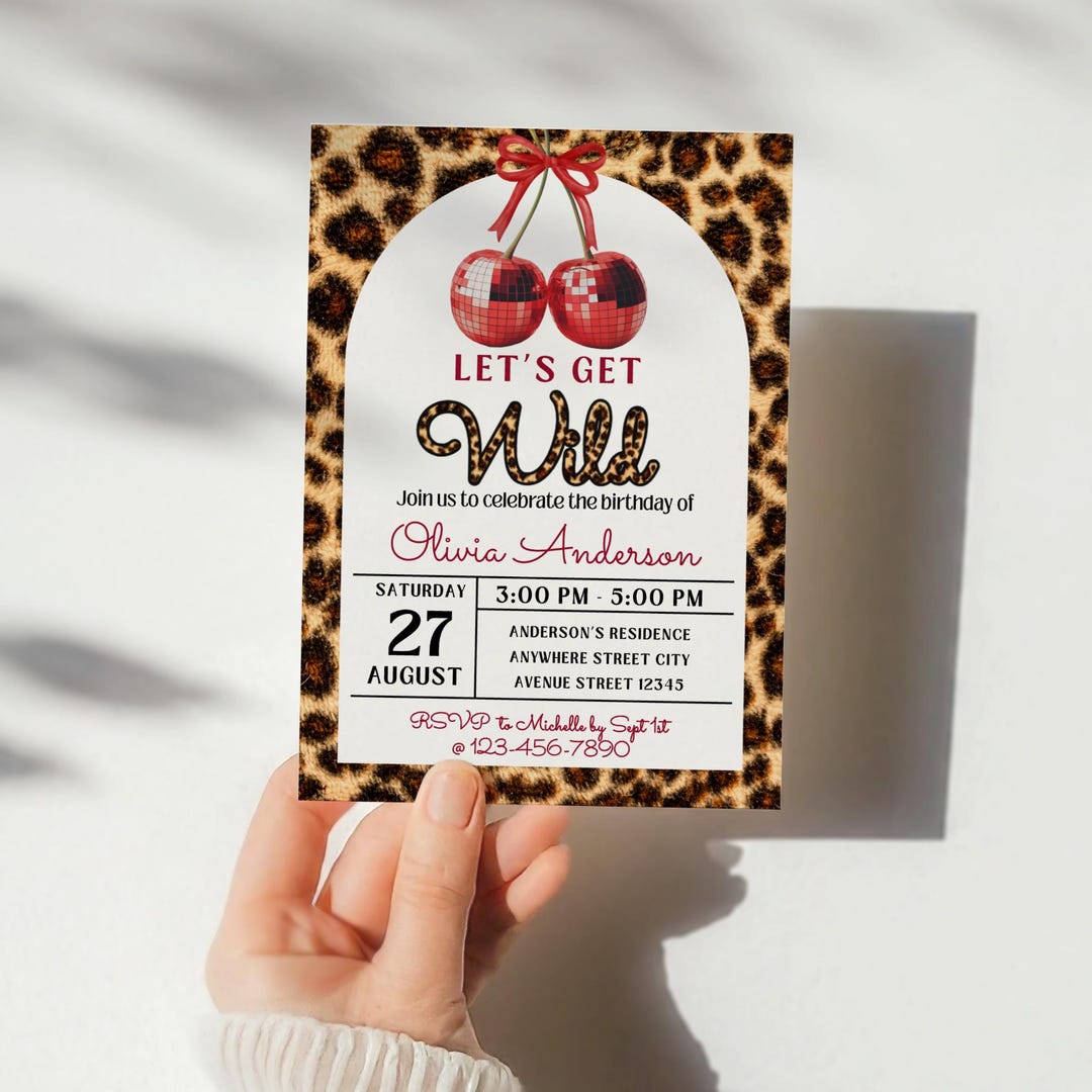 Let's Get Wild Cherry Birthday Invitation, Disco Invitation, Cheetah ...