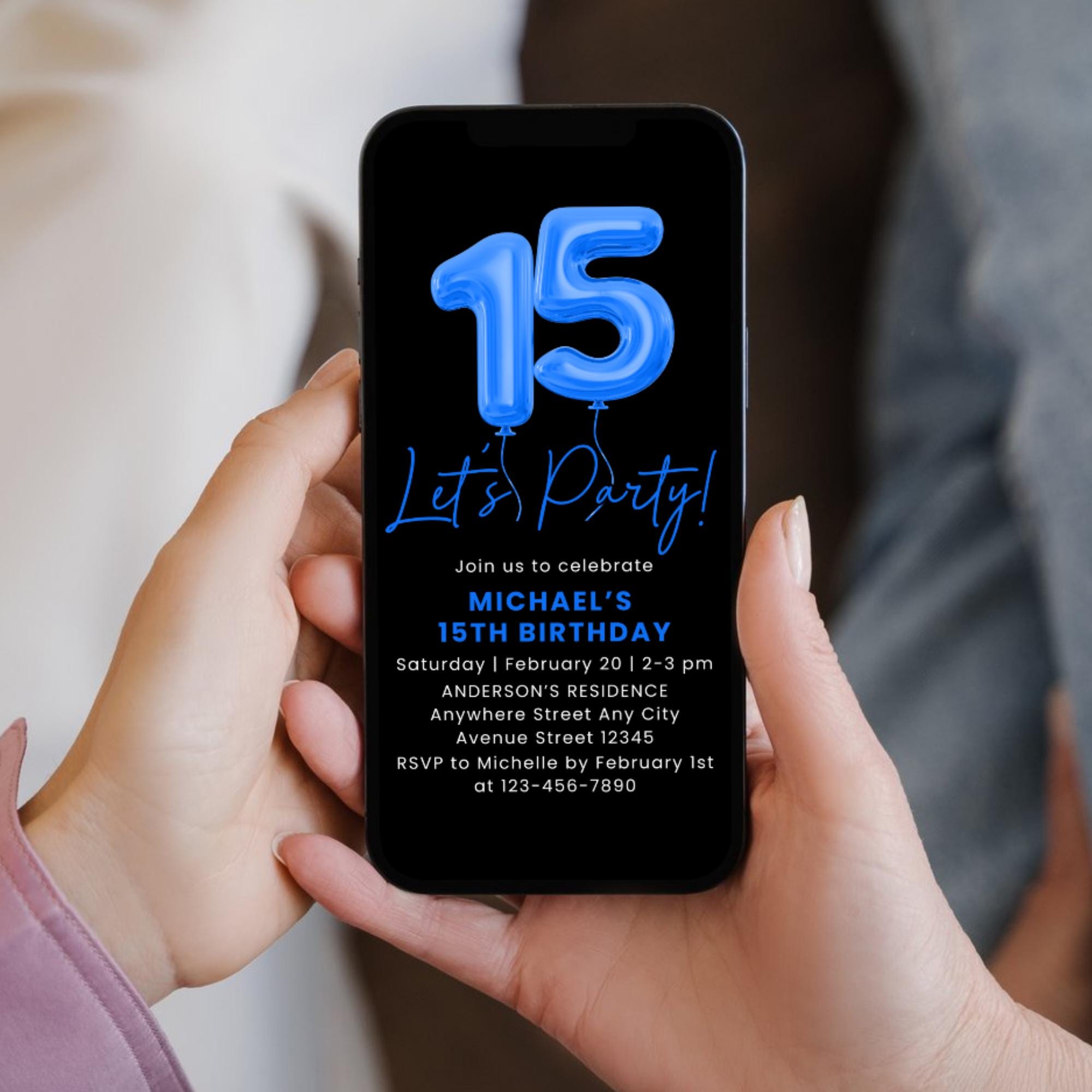 15th Birthday Digital Invitation, Blue and Black 15th Birthday Evite ...