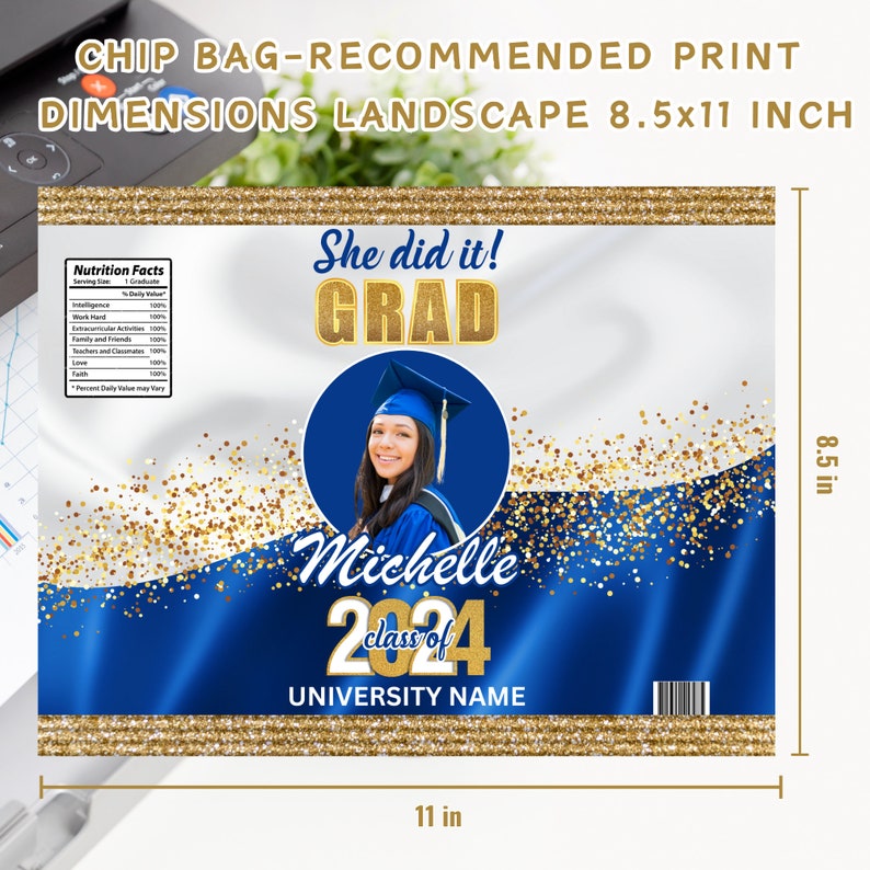 Graduation Chip Bag Template for Graduand Blue and Gold Graduation Chip ...