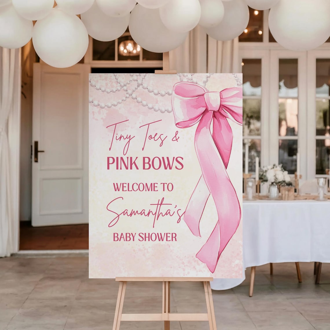 Pink Bow Girl Baby Shower Welcome Sign, Tiny Toes and Pink Bows Sign ...