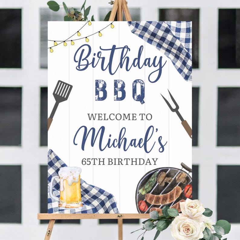 Editable BBQ Birthday Welcome Sign, Blue White Gingham Backyard Party ...