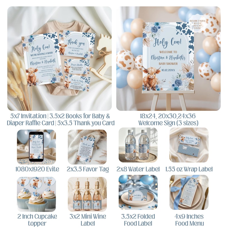 Holy Cow Boy Baby Shower Bundle, Highland Cow Baby Shower Labels, Signs ...