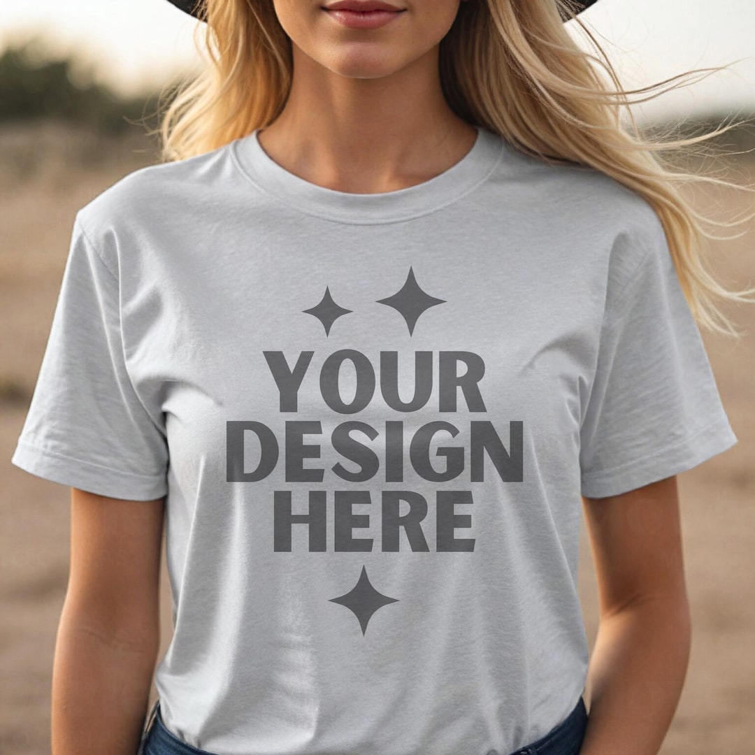 Gildan 5000 Ash Grey Shirt Mockup Heavy Cotton Tee Women Model Mock up ...