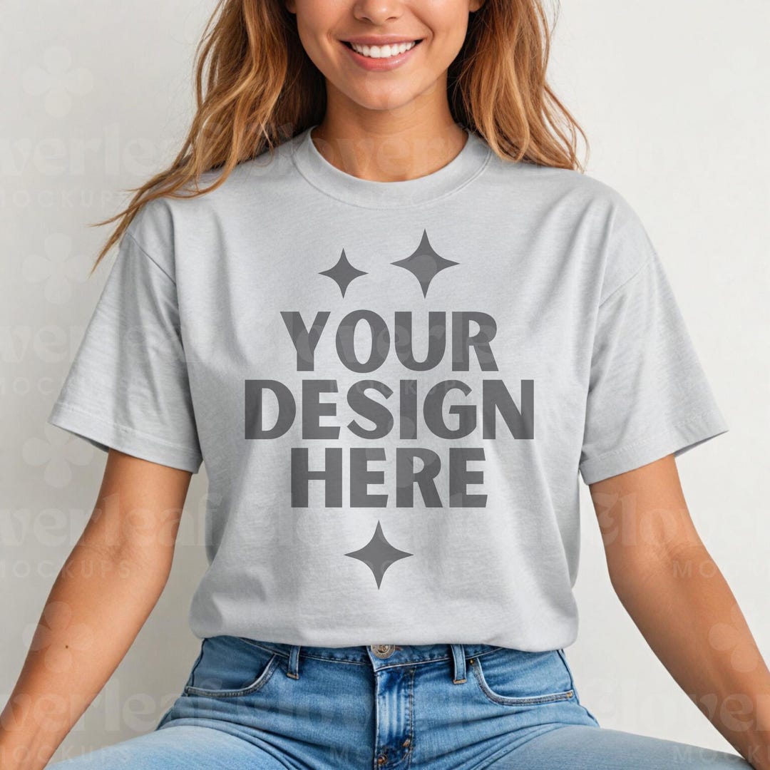 Ash Grey Gildan 5000 T-shirt Mockup Heavy Cotton Tee Women Model Mock ...